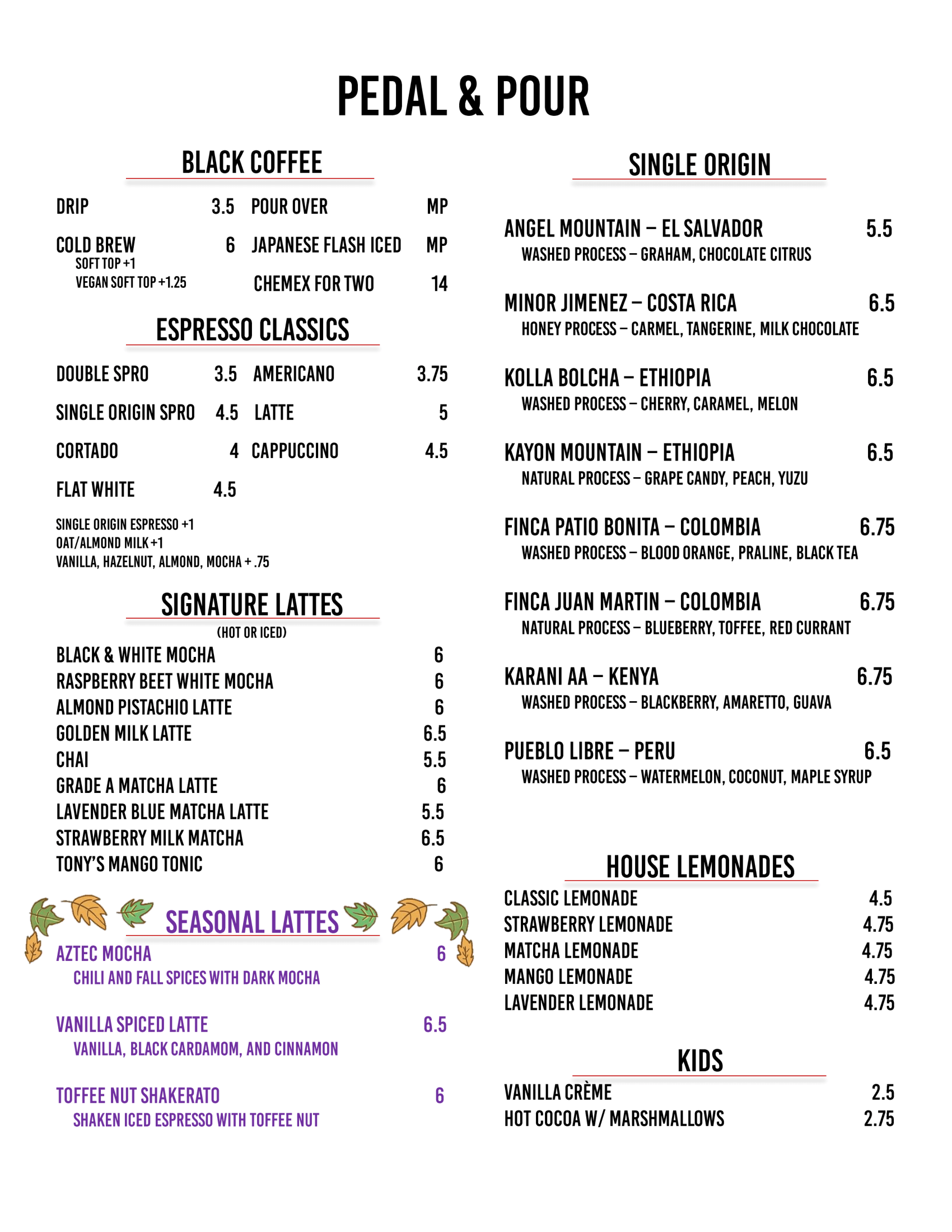 Cafe Menu - Pedal & Pour